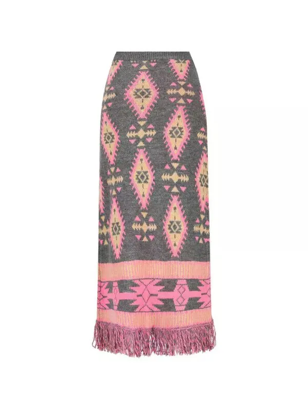 COLOUR MARKET Geometric-pattern Fringed Maxi Skirt