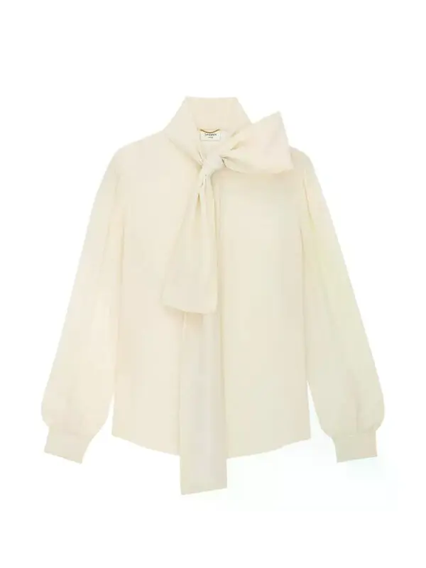 Saint Laurent Lavallière Blouse In Silk Crepe De Chine - Neutrals