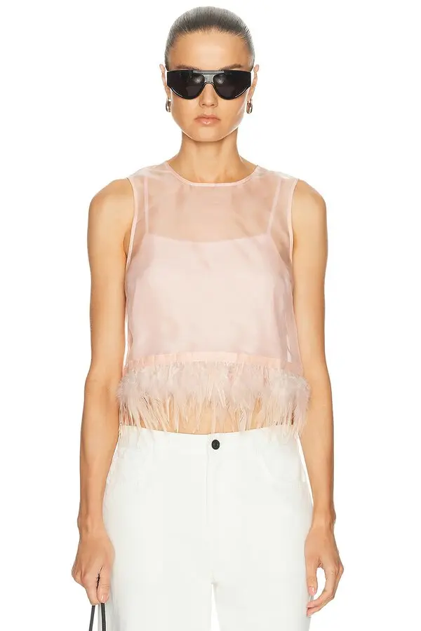 Staud Avi Silk Top With Feather Trim - Sandrose