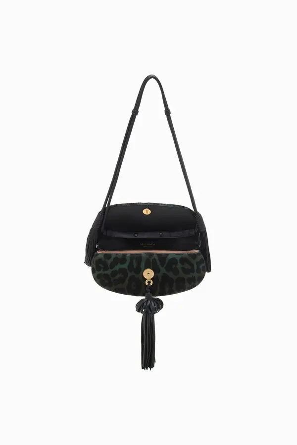 Ulla Johnson Paloma Bag In Leopard Haircalf With Tassels - Emerald Leopard