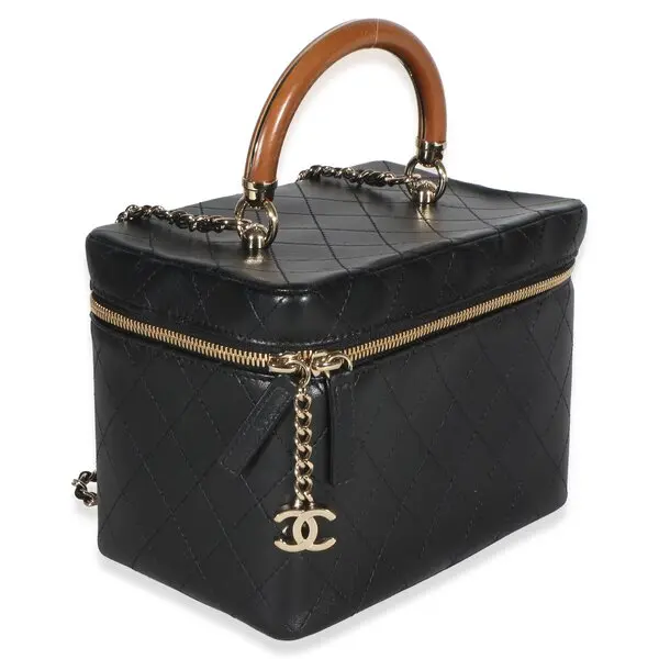 Chanel Quilted Lambskin Vanity Case With Top Handle And Chain Strap