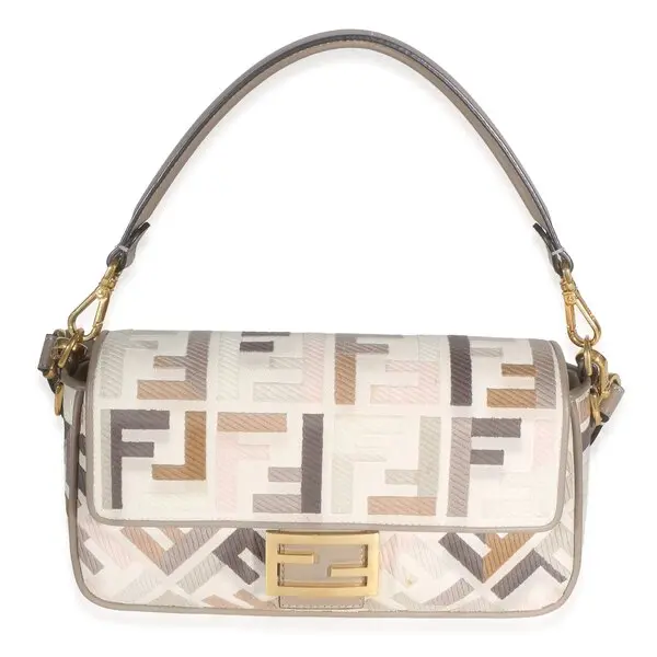 Fendi Grezzo Tortora Canvas Ff Embroidered Baguette Bag - Multicolor