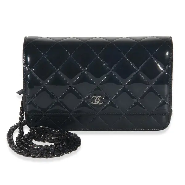 Chanel Navy Quilted Patent Wallet On Chain - Blue