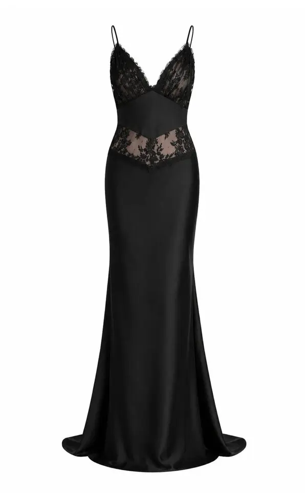 SANDRA MANSOUR Desire Satin Lace Maxi Dress