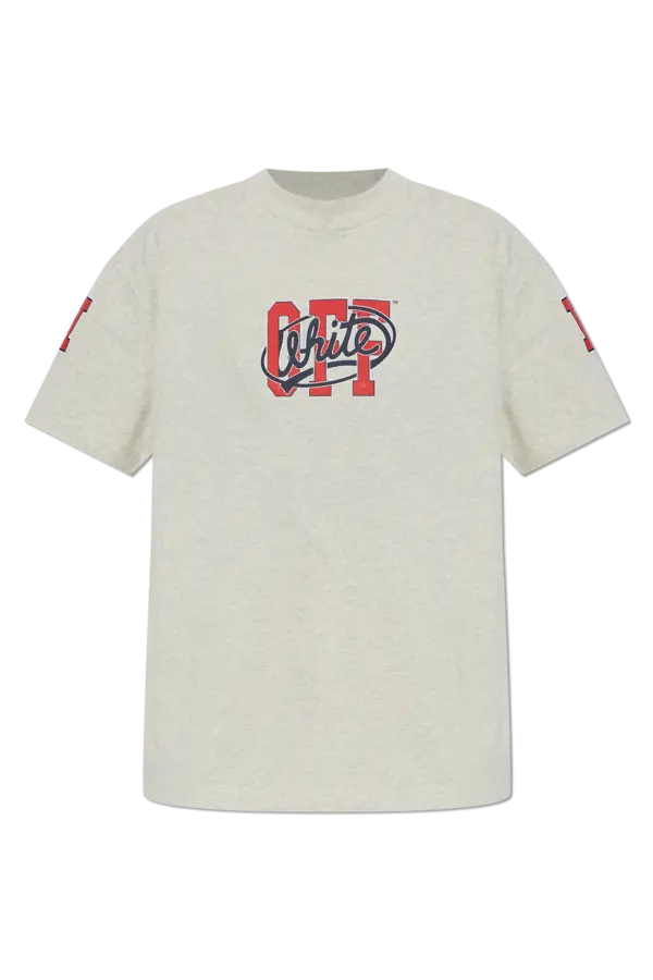Off-White Cropped Cotton T-shirt With Floral Logo - Grey
