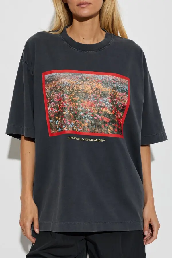 Off-White Cotton Oversized T-shirt With Floral Print