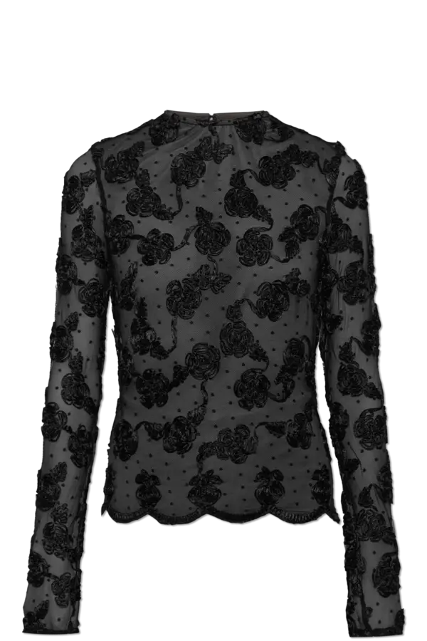 ROTATE BY BIRGER CHRISTENSEN Floral Appliqué Sheer Mesh Long Sleeve Top - Black