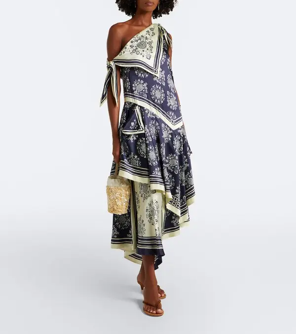 ALEMAIS Asymmetric Floral Silk Midi Dress - Blue