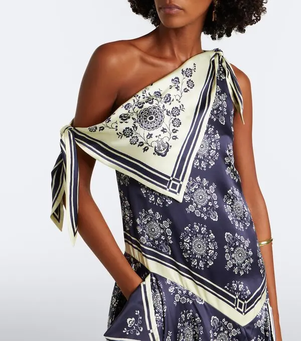 ALEMAIS Asymmetric Floral Silk Midi Dress - Blue