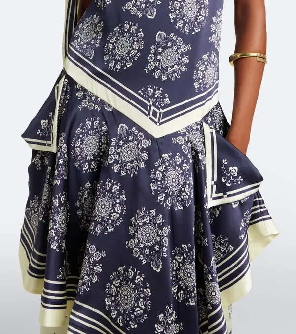 ALEMAIS Asymmetric Floral Silk Midi Dress - Blue