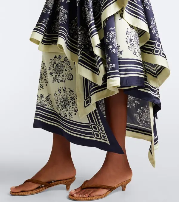 ALEMAIS Asymmetric Floral Silk Midi Dress - Blue