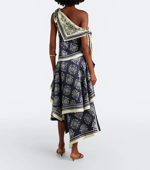ALEMAIS Asymmetric Floral Silk Midi Dress - Blue