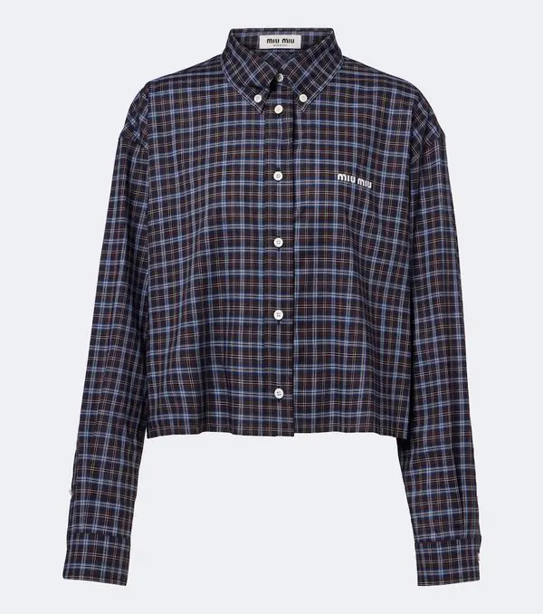 Miu Miu Logo Plaid Cotton Shirt - Brown