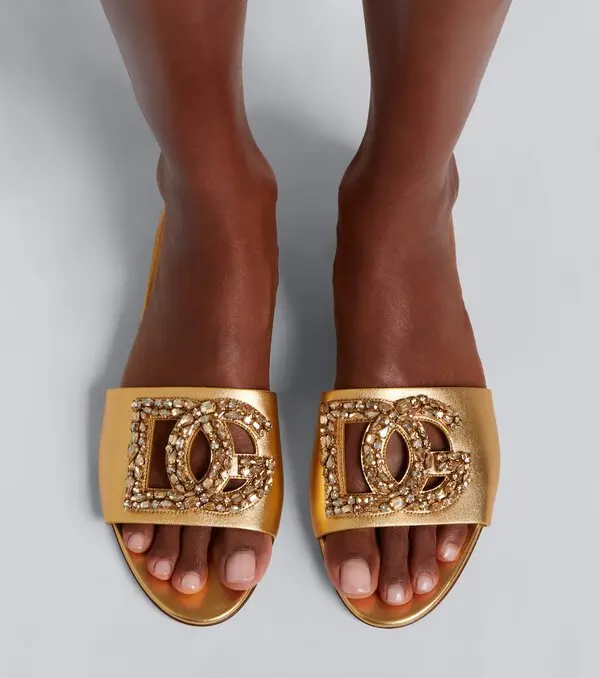 Dolce & Gabbana Dg Embellished Metallic Leather Slides