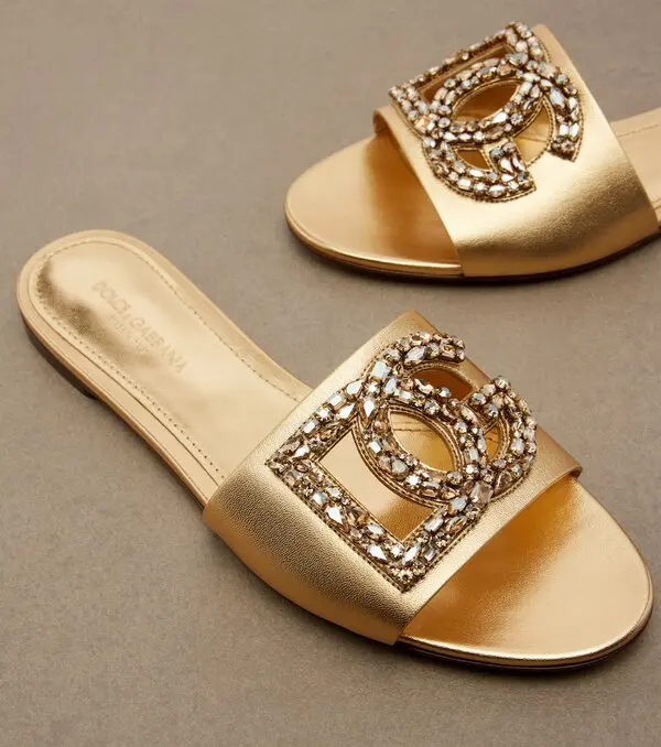 Dolce & Gabbana Dg Embellished Metallic Leather Slides
