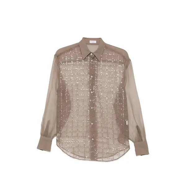 Brunello Cucinelli Semi-sheer Sequin Embellished Silk Shirt - Brown