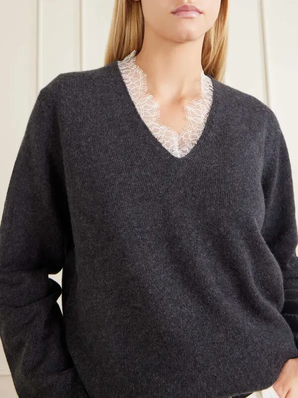 Loulou De Saison Leyla Lace-trimmed Cashmere Sweater - Charcoal
