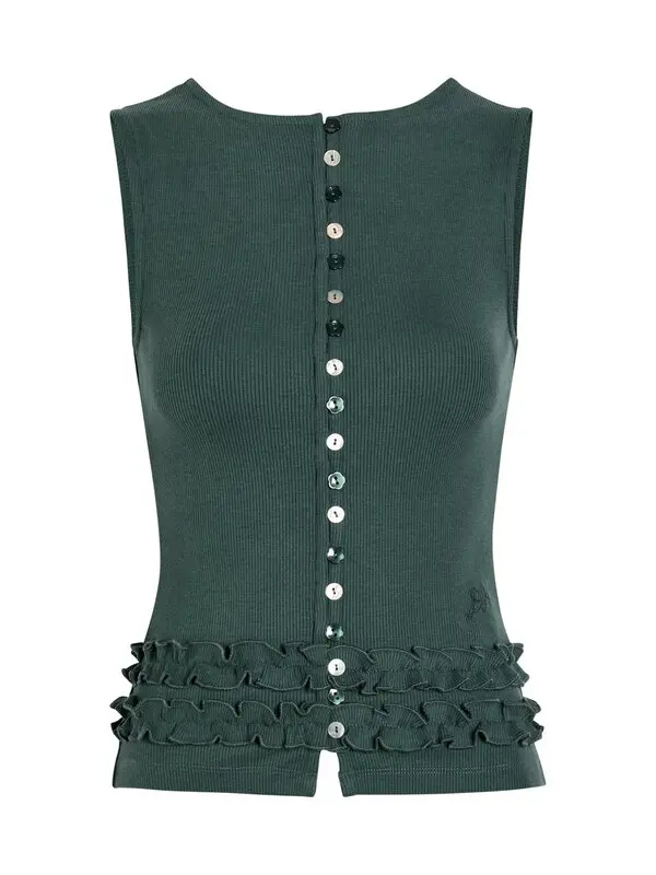 DAMSON MADDER Ember Ribbed Ruffle-trim Cotton-blend Tank - Green