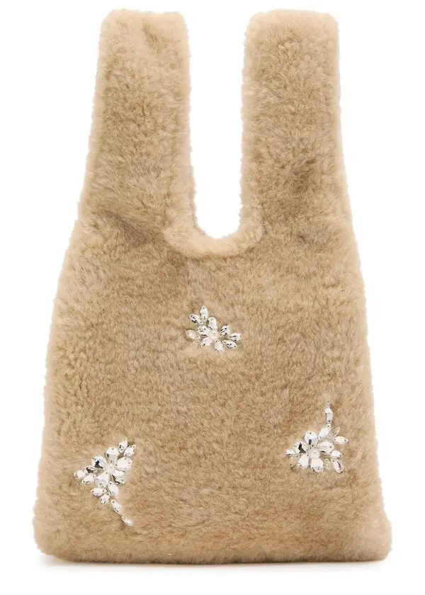 Simone Rocha Mini Embellished Faux Shearling Top Handle Bag