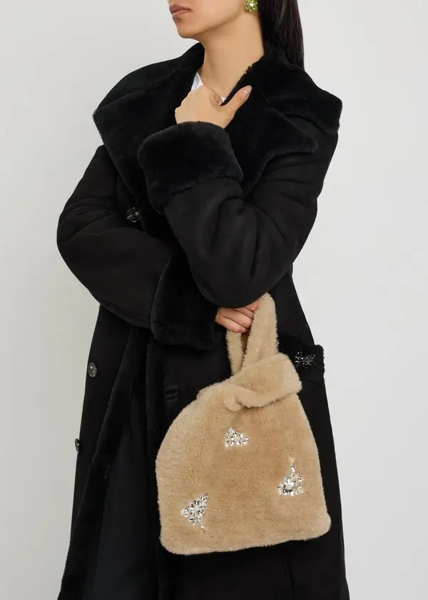 Simone Rocha Mini Embellished Faux Shearling Top Handle Bag