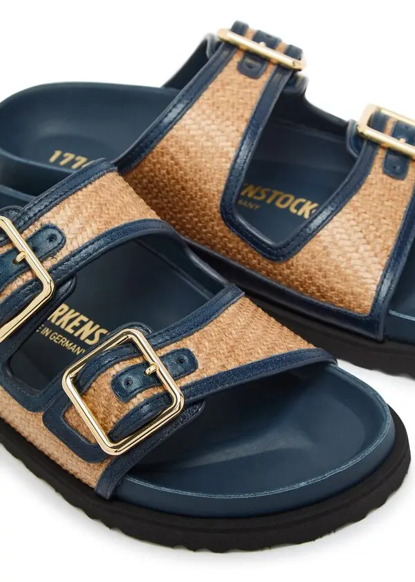 BIRKENSTOCK Arizona Framed Raffia And Leather Sliders - Navy