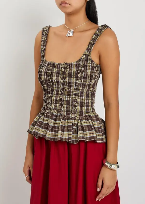 DAMSON MADDER Raphi Checked Shirred Cotton-poplin Cami Top
