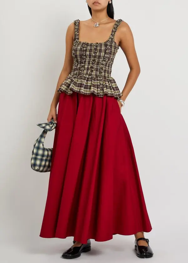 DAMSON MADDER Raphi Checked Shirred Cotton-poplin Cami Top