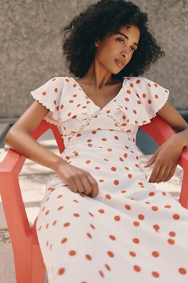 MAUDE CLUB Valerie Petite Maxi Dress - White Orange Dot
