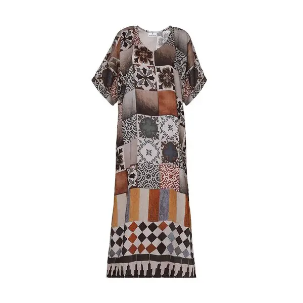 DHARA SHETH, DUBAI Celestial Tesserae Mosaic Print Cotton Kaftan Maxi Dress & Multicolor - Brown