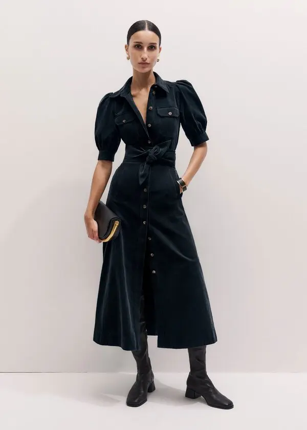 ME+EM Cord Fit And Flare Maxi Shirt Dress With Tie - Navy