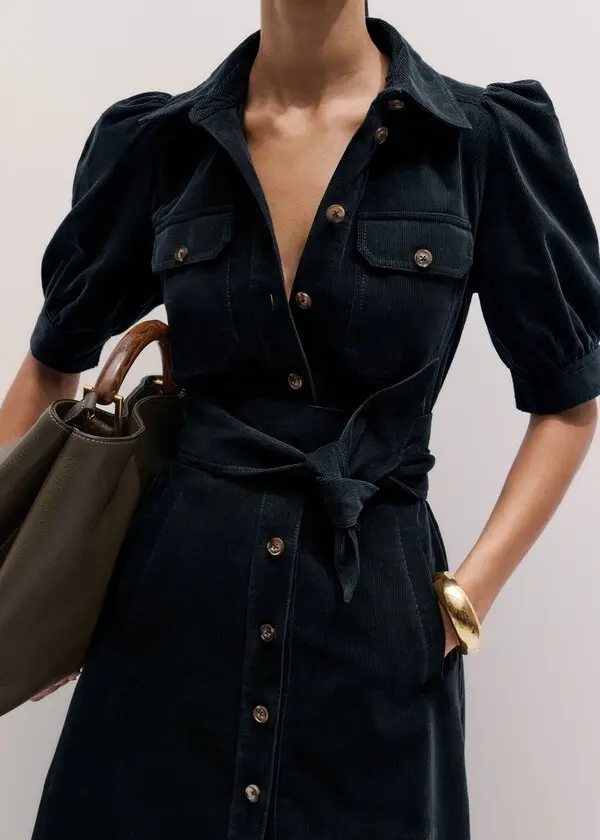 ME+EM Cord Fit And Flare Maxi Shirt Dress With Tie - Navy