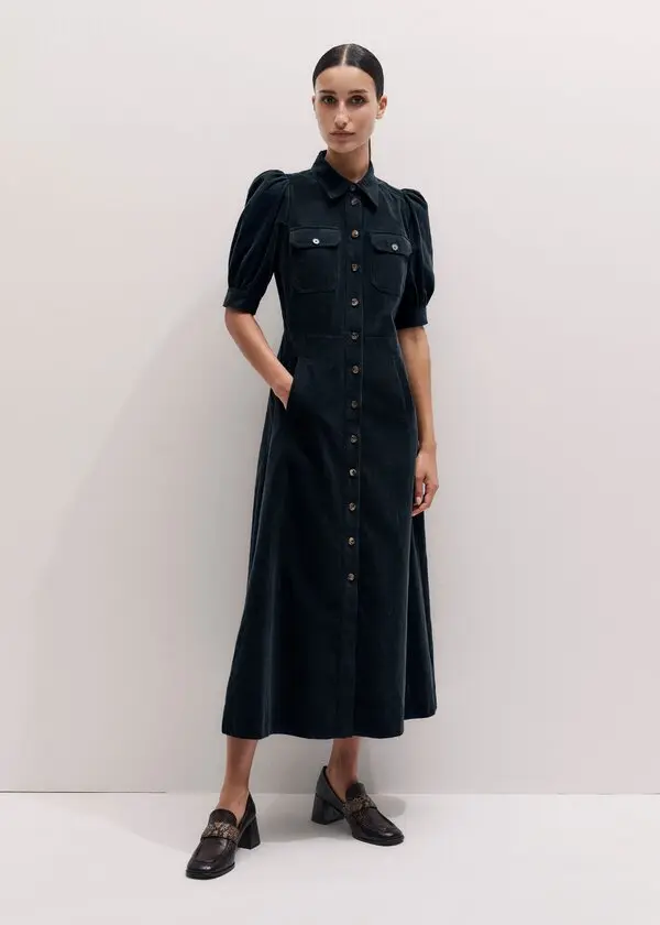 ME+EM Cord Fit And Flare Maxi Shirt Dress With Tie - Navy