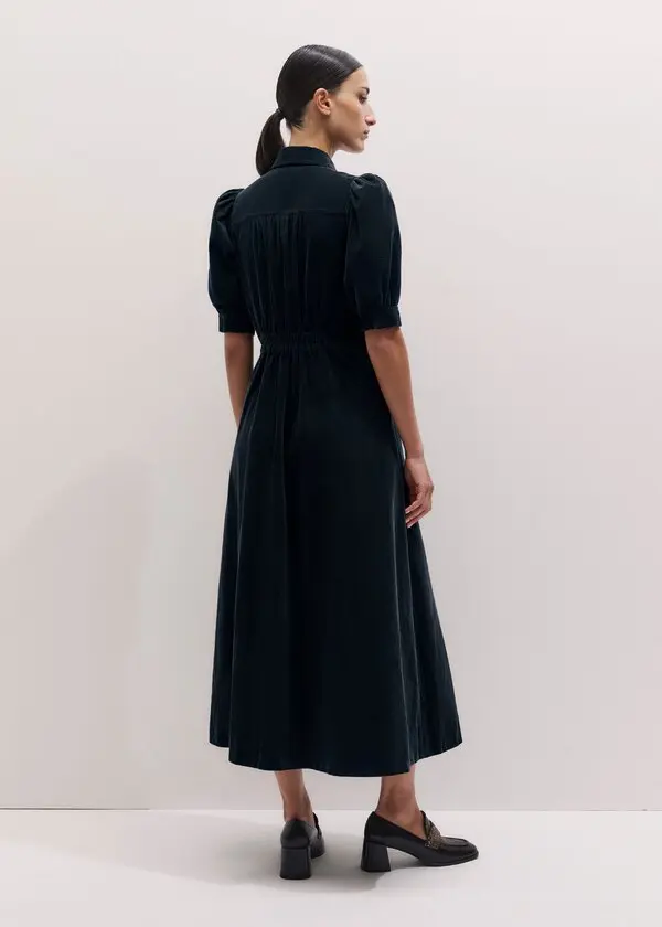 ME+EM Cord Fit And Flare Maxi Shirt Dress With Tie - Navy