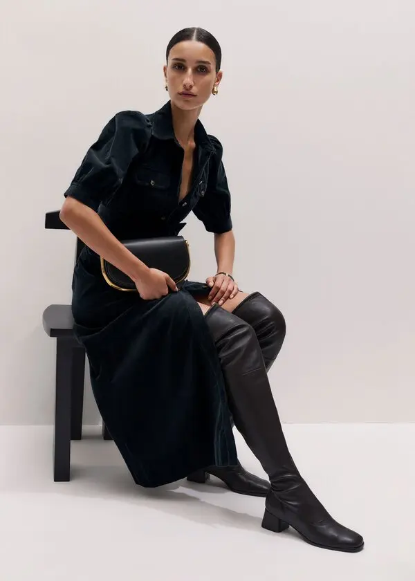 ME+EM Cord Fit And Flare Maxi Shirt Dress With Tie - Navy