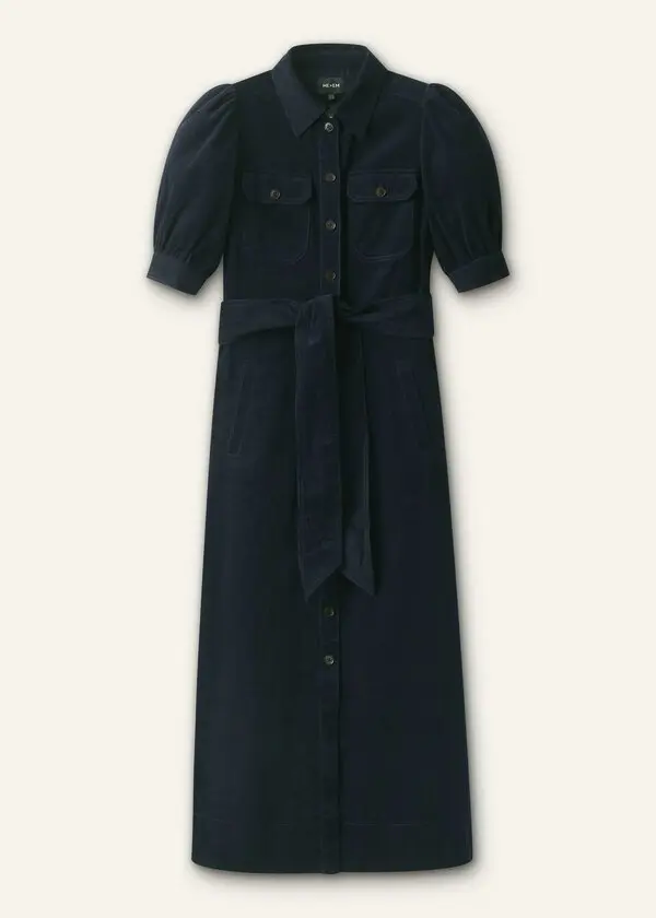 ME+EM Cord Fit And Flare Maxi Shirt Dress With Tie - Navy