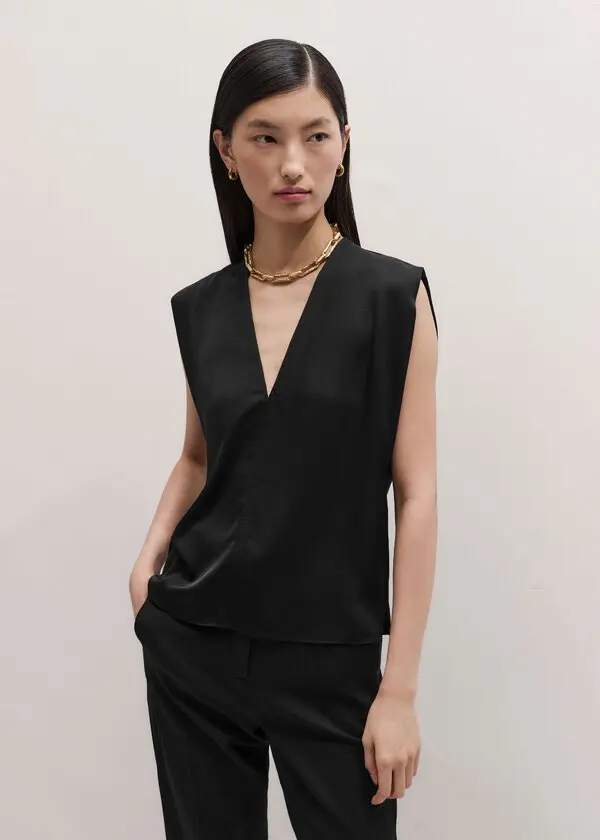 ME+EM Satin V-neck Shell Top With Tie Detail