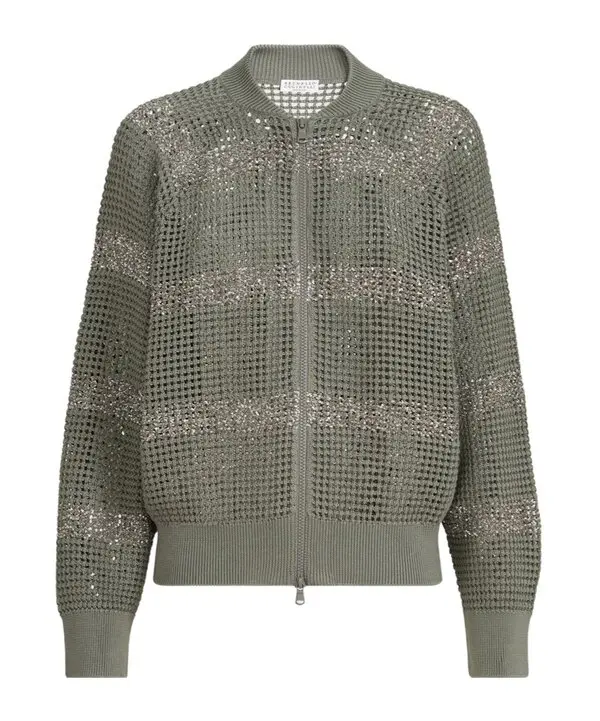 Brunello Cucinelli Open Knit Zip Sweater - Khaki