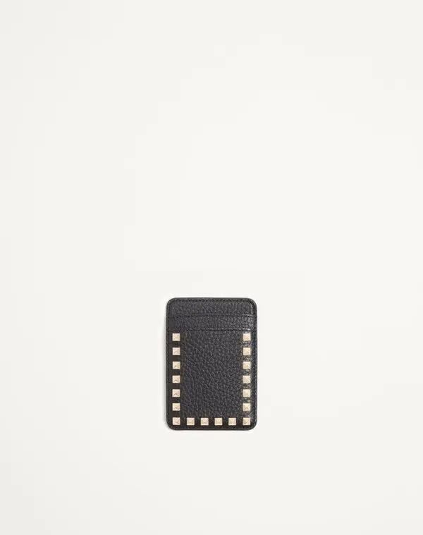 Valentino Garavani Rockstud Magnetic Cardholder In Grainy Calfskin - Black