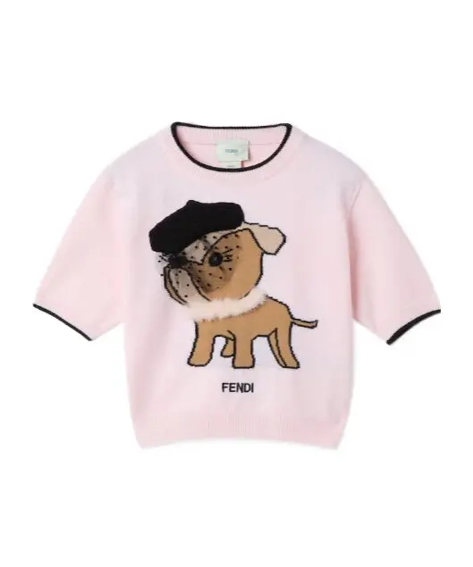 Fendi Dog-intarsia Short-sleeve Wool Sweater