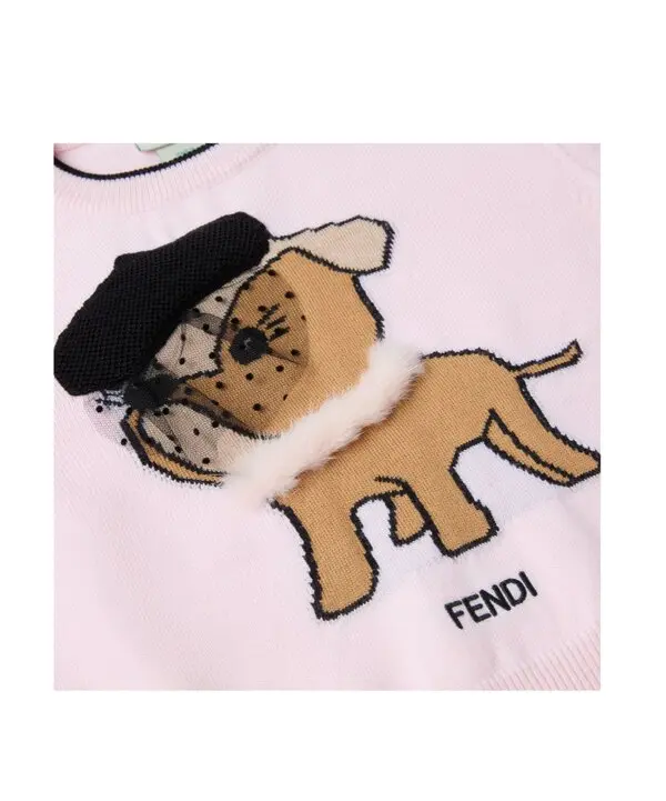 Fendi Dog-intarsia Short-sleeve Wool Sweater
