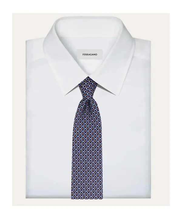 FERRAGAMO Gancini Links Print Silk Tie - Navy Blue