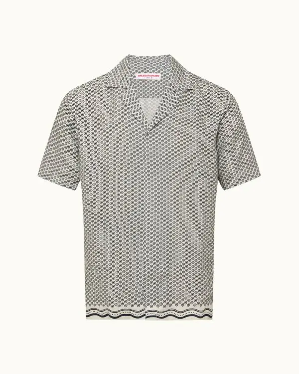 Orlebar Brown Printed Linen Shirt In White Sand And Night Iris