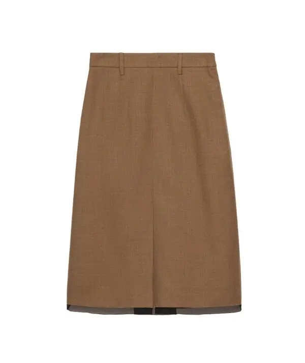 Prada Wool Midi Skirt With Chiffon Hem - Brown