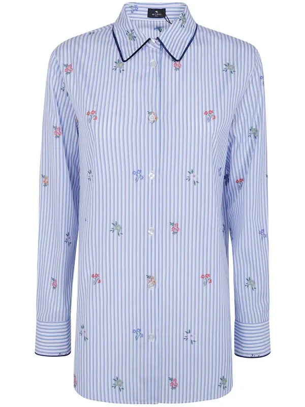 Etro Striped Floral Embroidered Cotton Shirt