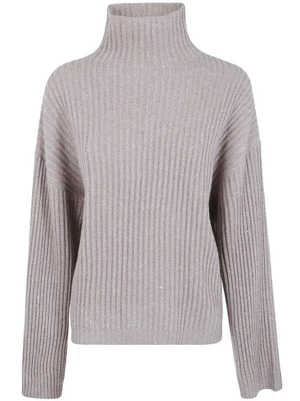Brunello Cucinelli Ribbed Turtleneck Sweater With Sequins - Brown