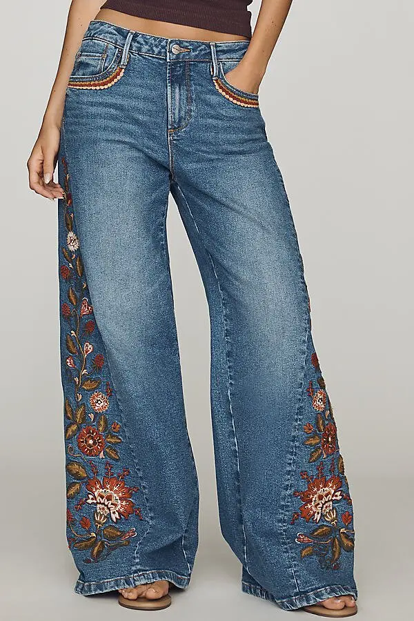 DRIFTWOOD Alix High-rise Wide-leg Jeans With Floral Embroidery