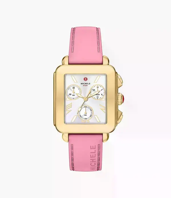 Michele Deco Sport Chronograph Gold-tone Watch With Vintage Silicone Strap - Pink