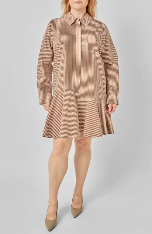 English Factory Striped Long Sleeve Flared Skirt Shirtdress - Brown
