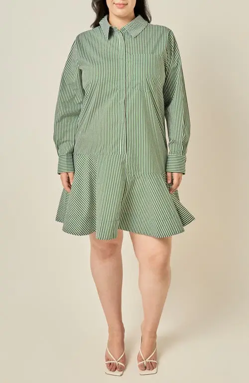 English Factory Striped Long Sleeve Flared Skirt Shirtdress - Dark Olive