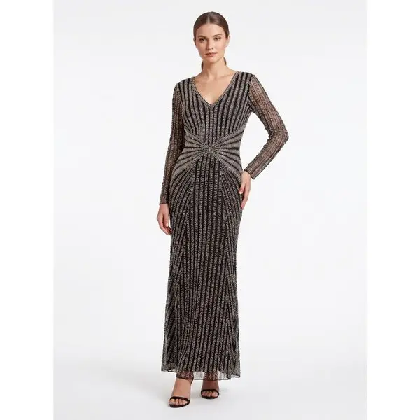 LARA NEW YORK Long Sleeve Beaded Gown